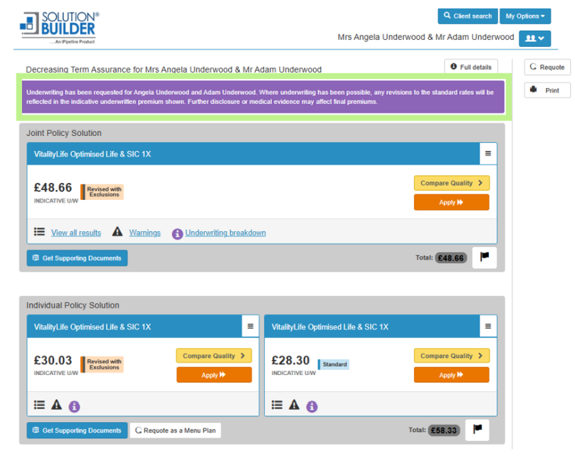 Advanced Underwriting Results Screen – iPipeline Customer Portal